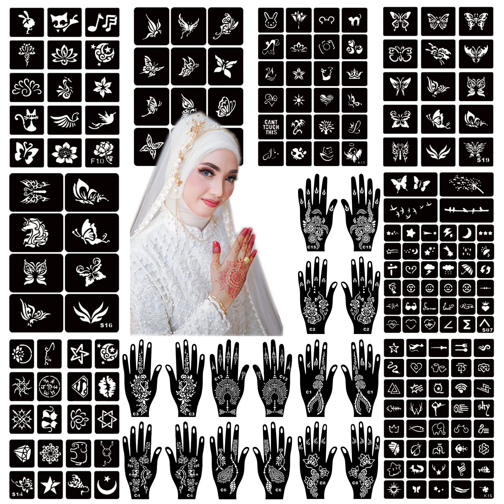 ChurlChurl Henna Tattoo Stencil Kit 190pcs, 24 Sheets Henna Stencils Reusable Temporary Indian Arabian Glitter Airbrush Tattoo Stencils for Face Body Paint DIY