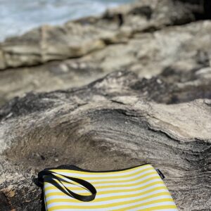 Scout + Ochre Neoprene Swimsuit Bag Pouch with Zipper - Waterproof Wet Bag for Swimwear, Diapers, Cosmetics, Travel Toiletries - great for Beach, Pool, Strollers, Gym - 11.5x8in (Yellow White Stripe)