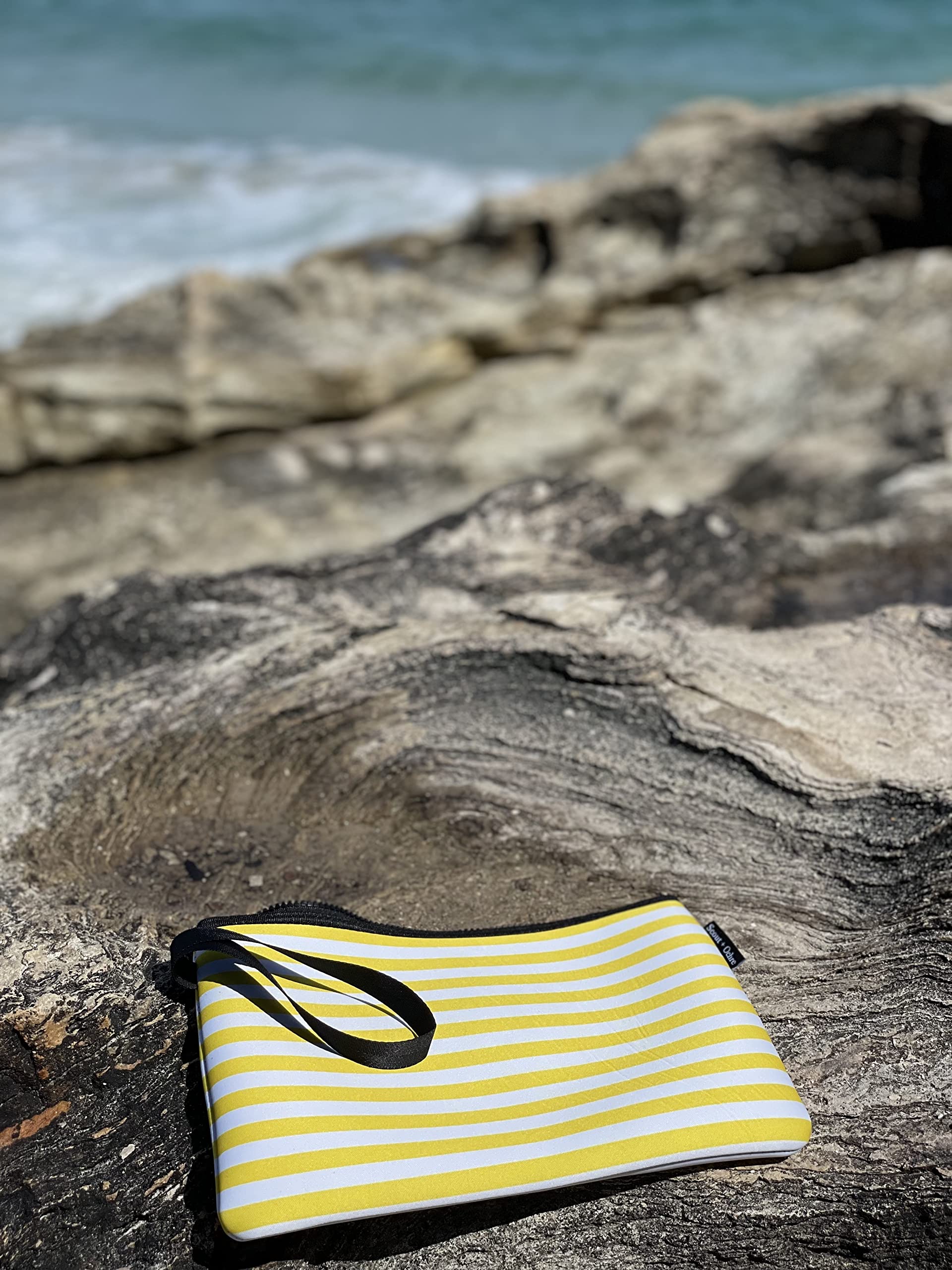 Scout + Ochre Neoprene Swimsuit Bag Pouch with Zipper - Waterproof Wet Bag for Swimwear, Diapers, Cosmetics, Travel Toiletries - great for Beach, Pool, Strollers, Gym - 11.5x8in (Yellow White Stripe)