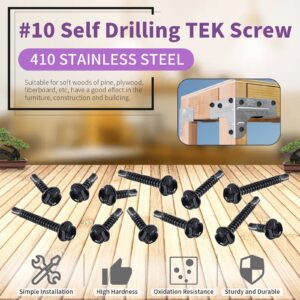 Swpeet 235Pcs Black 410 Stainless Steel #10 Self Drilling Screw Assortment Kit, Hex Washer Head Self Drilling Sheet Metal Screws Head Self Tapping Screws Anti-Rust Metal Screws Set