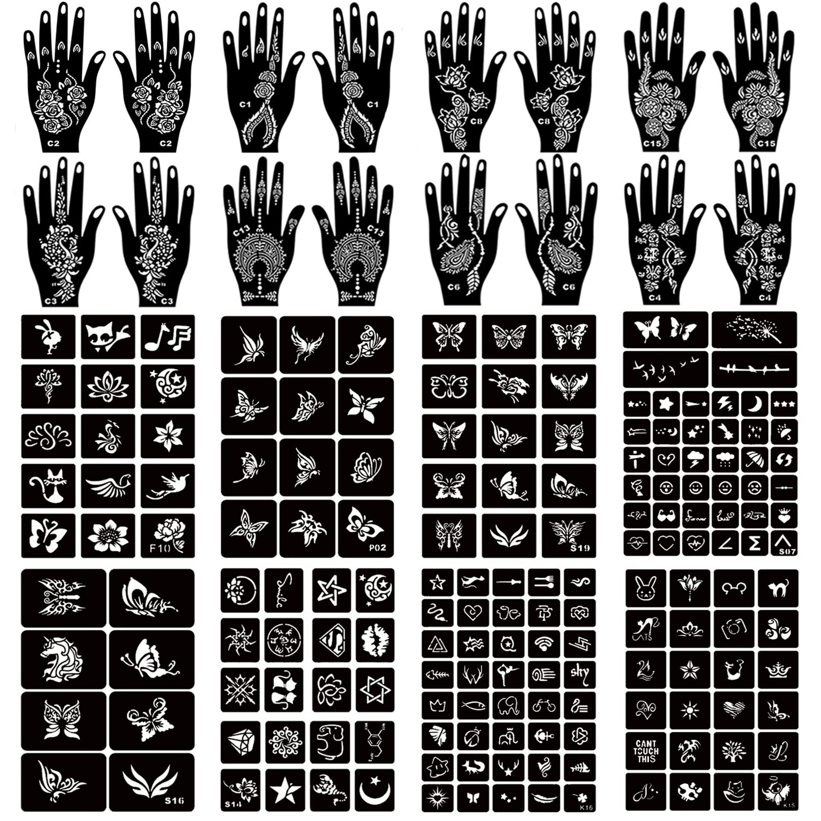 ChurlChurl Henna Tattoo Stencil Kit 190pcs, 24 Sheets Henna Stencils Reusable Temporary Indian Arabian Glitter Airbrush Tattoo Stencils for Face Body Paint DIY