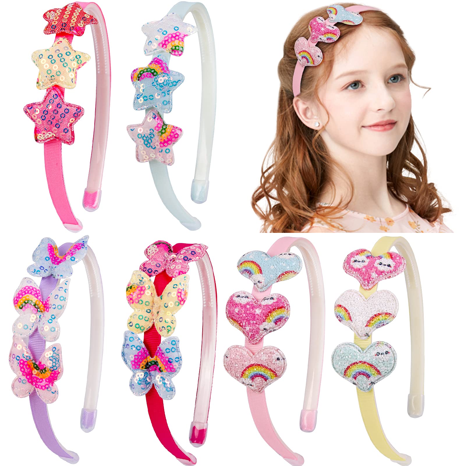 Fishdown Girls Headbands for Kids Glitter Toddler Girl Sequin Headbands Glitter Heart Rainbow Butterfly Star Non-slip Headbands with Teeth (6 PCS)