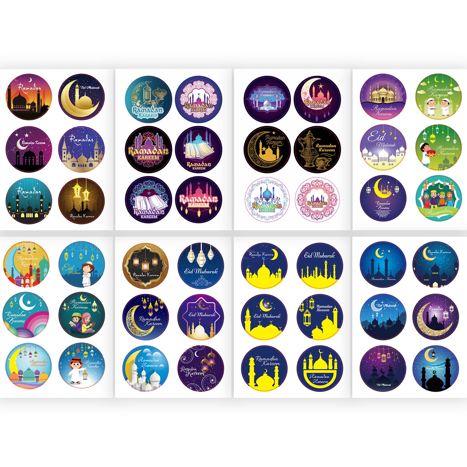 Lucleag 192 PCS Ramadan Stickers, Ramadan Kareem Envelopes Stickers, Eid Mubarak for Kids, Round Ramadan Mubarak Sticker for Eid Gifts Envelope Seals Candy Greeting Cards Party Favor