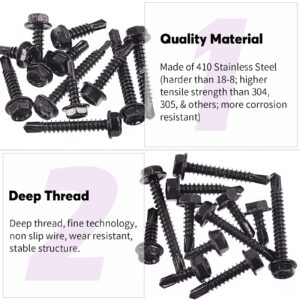 Swpeet 235Pcs Black 410 Stainless Steel #10 Self Drilling Screw Assortment Kit, Hex Washer Head Self Drilling Sheet Metal Screws Head Self Tapping Screws Anti-Rust Metal Screws Set