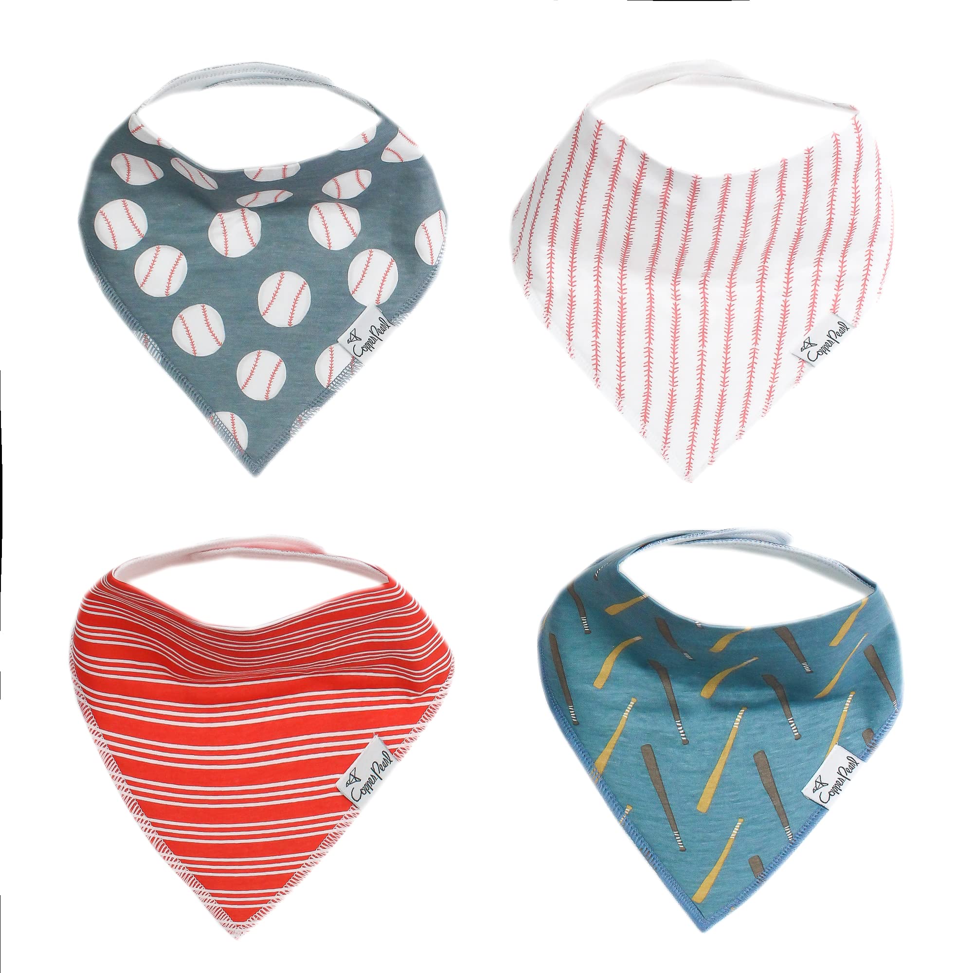 Copper Pearl Baby Bandana Bibs - 4 Pack Soft Cotton Baby Bibs for Drooling and Teething, Absorbent Drool Bibs for Baby Girl and Boy, Adjustable to Fit Newborns to Toddlers, Tons of Styles (Slugger)