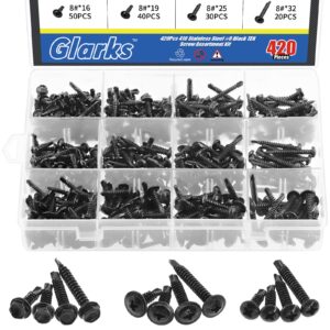 glarks 420pcs 410 stainless steel #8 tek screw assortment kit, 3 styles hex washer head & modified truss head & phillips round head self drilling sheet metal screws, length 5/8" to 1-1/4", black