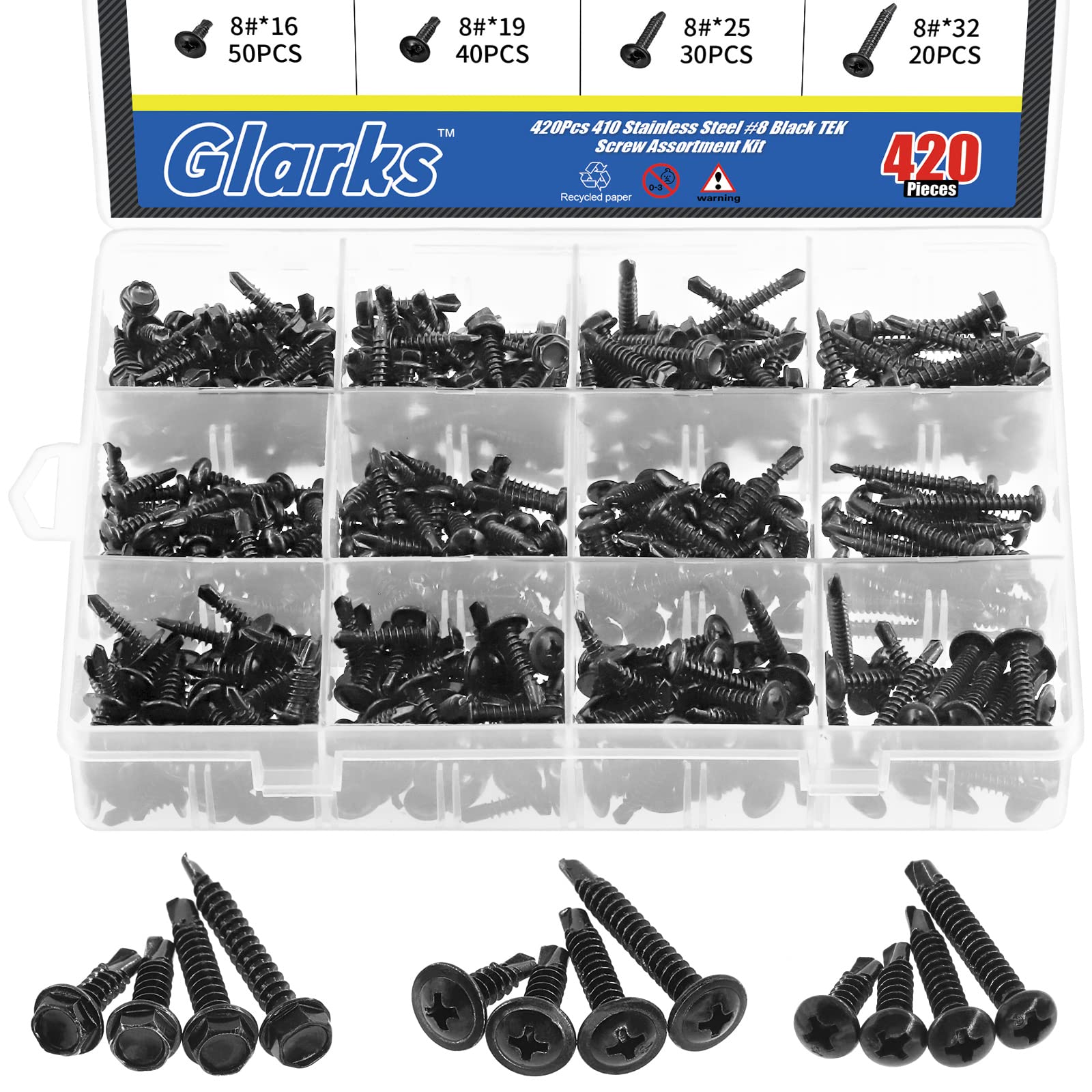 Glarks 420Pcs 410 Stainless Steel #8 TEK Screw Assortment Kit, 3 Styles Hex Washer Head & Modified Truss Head & Phillips Round Head Self Drilling Sheet Metal Screws, Length 5/8" to 1-1/4", Black