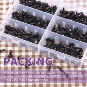 Swpeet 235Pcs Black 410 Stainless Steel #10 Self Drilling Screw Assortment Kit, Hex Washer Head Self Drilling Sheet Metal Screws Head Self Tapping Screws Anti-Rust Metal Screws Set