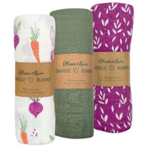 oliver & rain organic muslin baby girl swaddle blankets 3 pack receiving blanket, veggie print, purple floral, olive