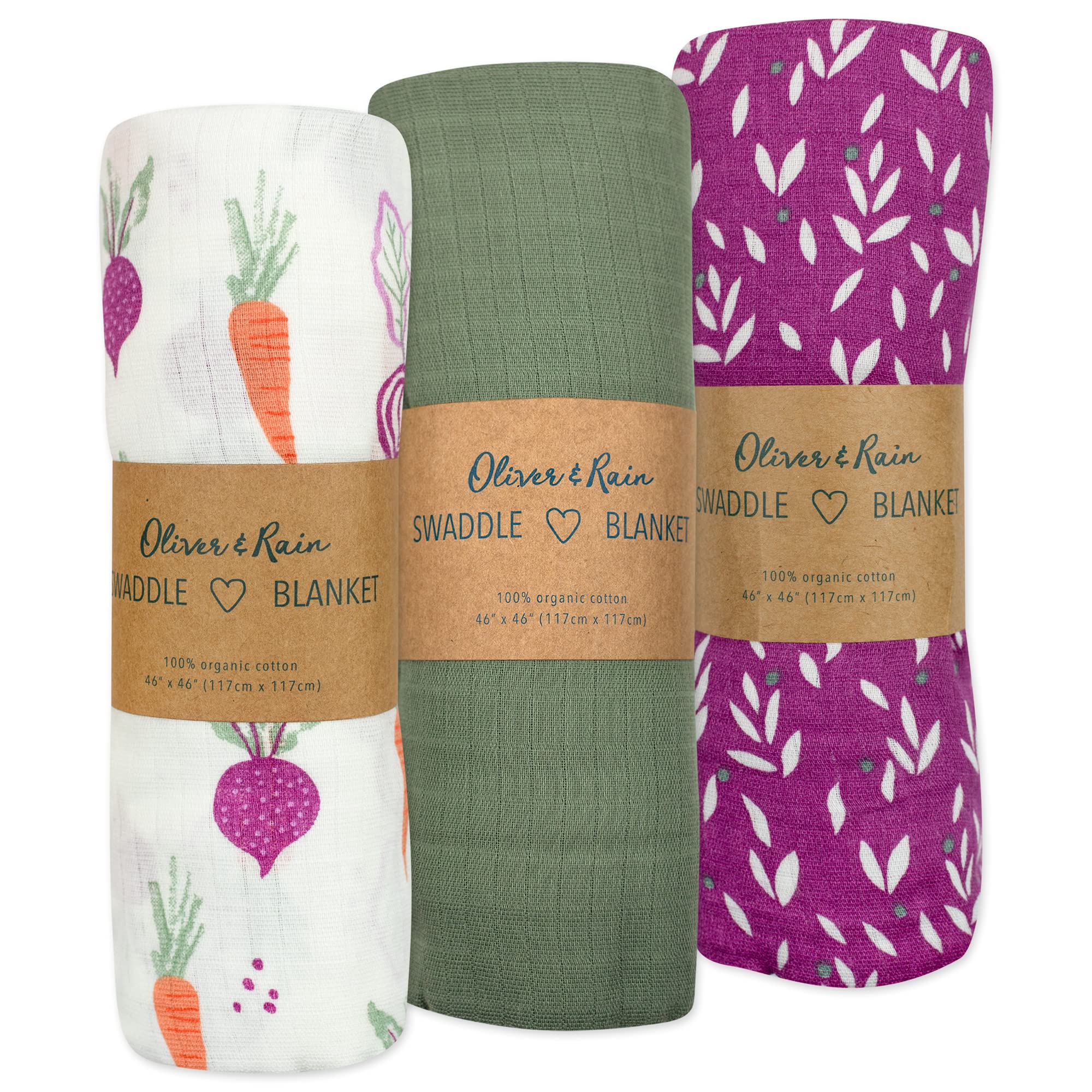 Oliver & Rain Organic Muslin Baby Girl Swaddle Blankets 3 Pack Receiving Blanket, Veggie Print, Purple Floral, Olive