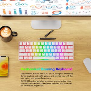 Ractous RTK61P 60% Mechanical Gaming Keyboard RGB Backlit PBT Pudding keycaps 61key Ultra-Compact Wired Keyboard Programmable for PC/Mac Gamers,Hot-Swappable Gateron Optical Blue Switch (White)