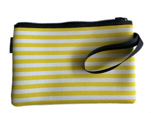 scout + ochre neoprene swimsuit bag pouch with zipper - waterproof wet bag for swimwear, diapers, cosmetics, travel toiletries - great for beach, pool, strollers, gym - 11.5x8in (yellow white stripe)