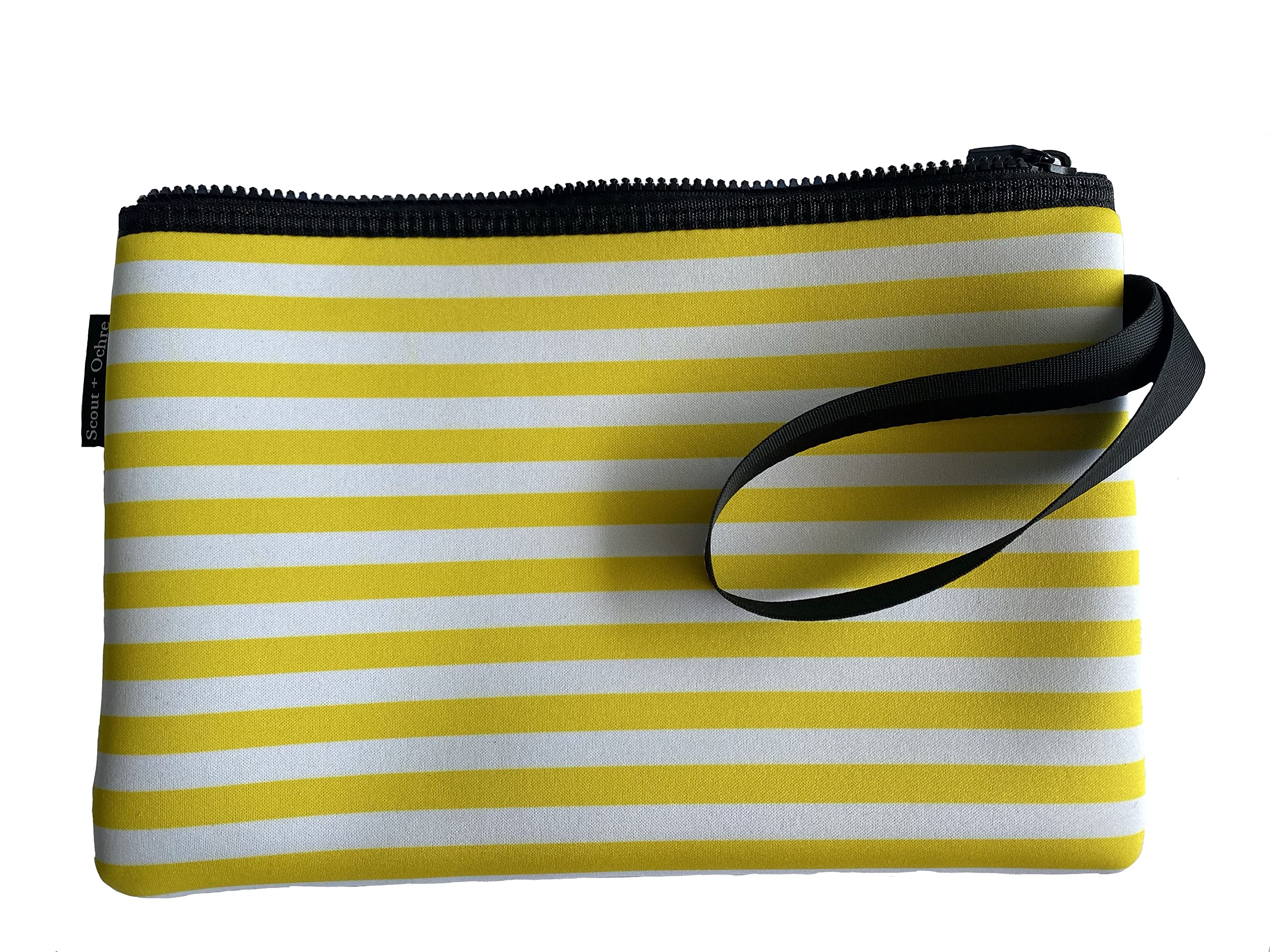 Scout + Ochre Neoprene Swimsuit Bag Pouch with Zipper - Waterproof Wet Bag for Swimwear, Diapers, Cosmetics, Travel Toiletries - great for Beach, Pool, Strollers, Gym - 11.5x8in (Yellow White Stripe)