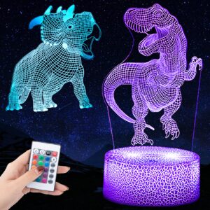 3d dinosaur night light for boys girls room decor, dinosaur 3d optical illusion lamp 16 colors changing with remote & smart touch birthday christmas valentine's day gifts toys for kids teens(2 panels)