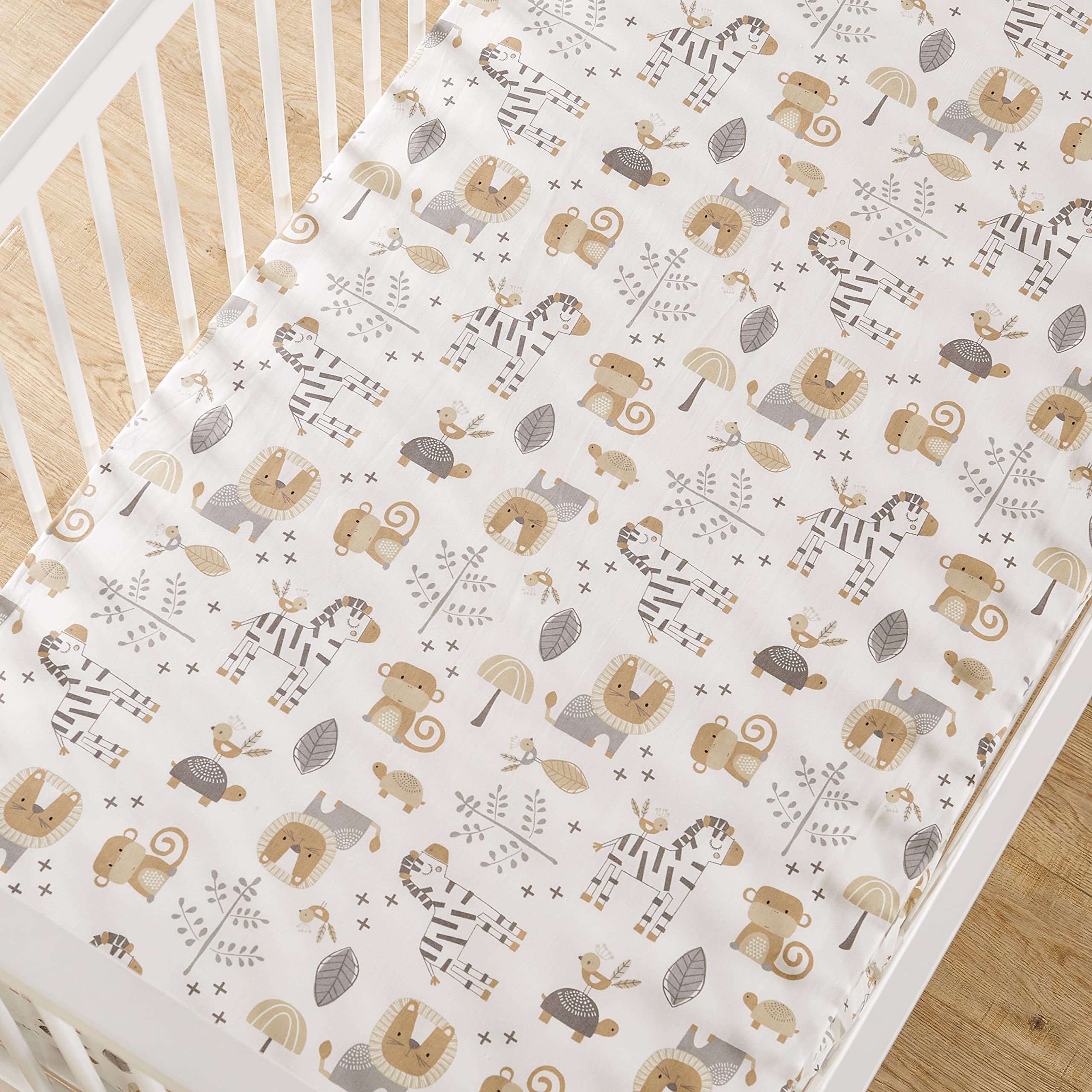 Levtex Baby - Kenya Crib Fitted Sheet - Fits Standard Crib and Toddler Mattress - Boho Elephants, Leaves and Flowers - Grey and Taupe - Nursery Accessories - 100% Cotton