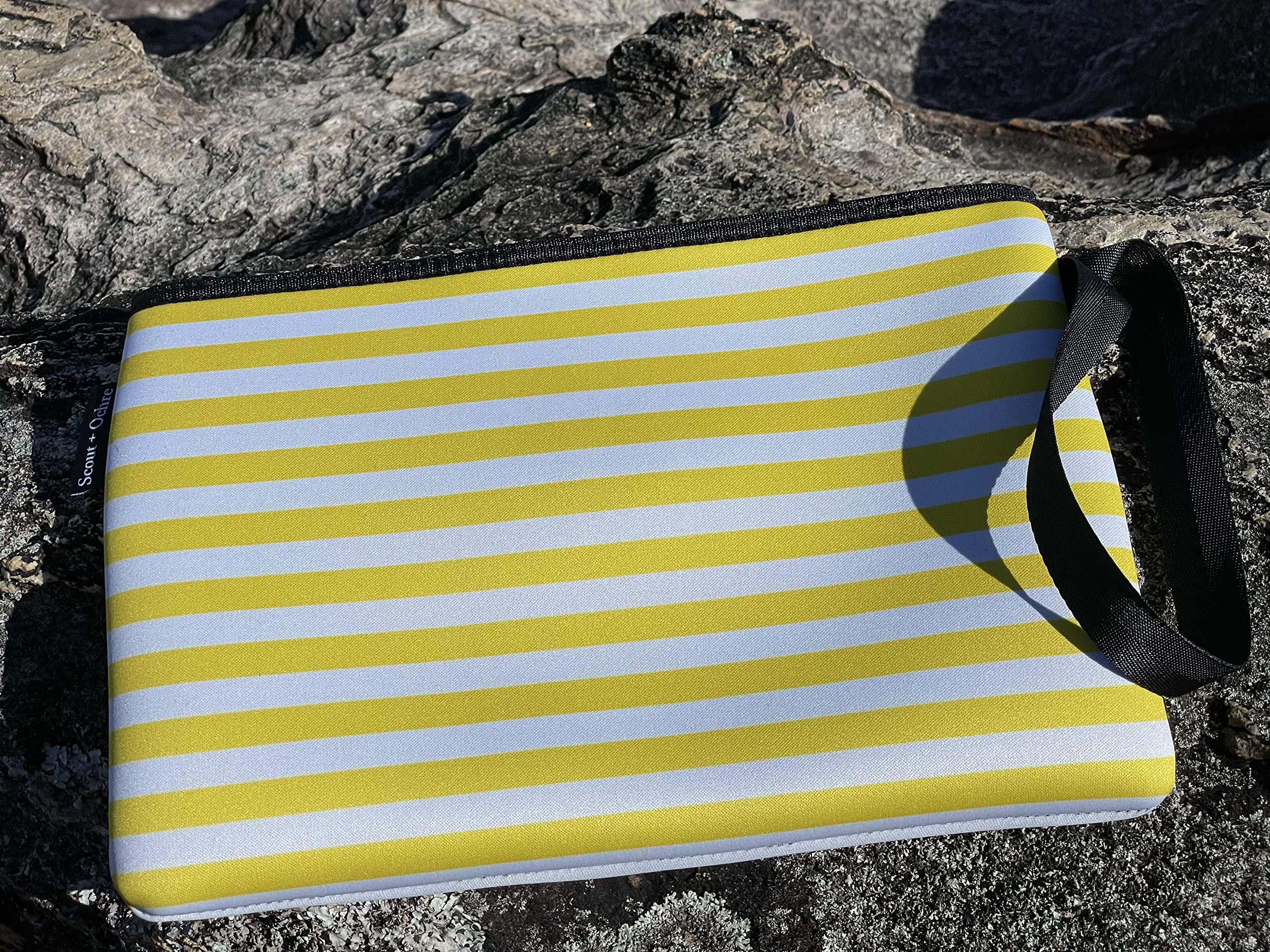 Scout + Ochre Neoprene Swimsuit Bag Pouch with Zipper - Waterproof Wet Bag for Swimwear, Diapers, Cosmetics, Travel Toiletries - great for Beach, Pool, Strollers, Gym - 11.5x8in (Yellow White Stripe)