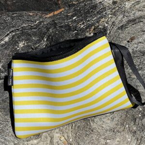 Scout + Ochre Neoprene Swimsuit Bag Pouch with Zipper - Waterproof Wet Bag for Swimwear, Diapers, Cosmetics, Travel Toiletries - great for Beach, Pool, Strollers, Gym - 11.5x8in (Yellow White Stripe)