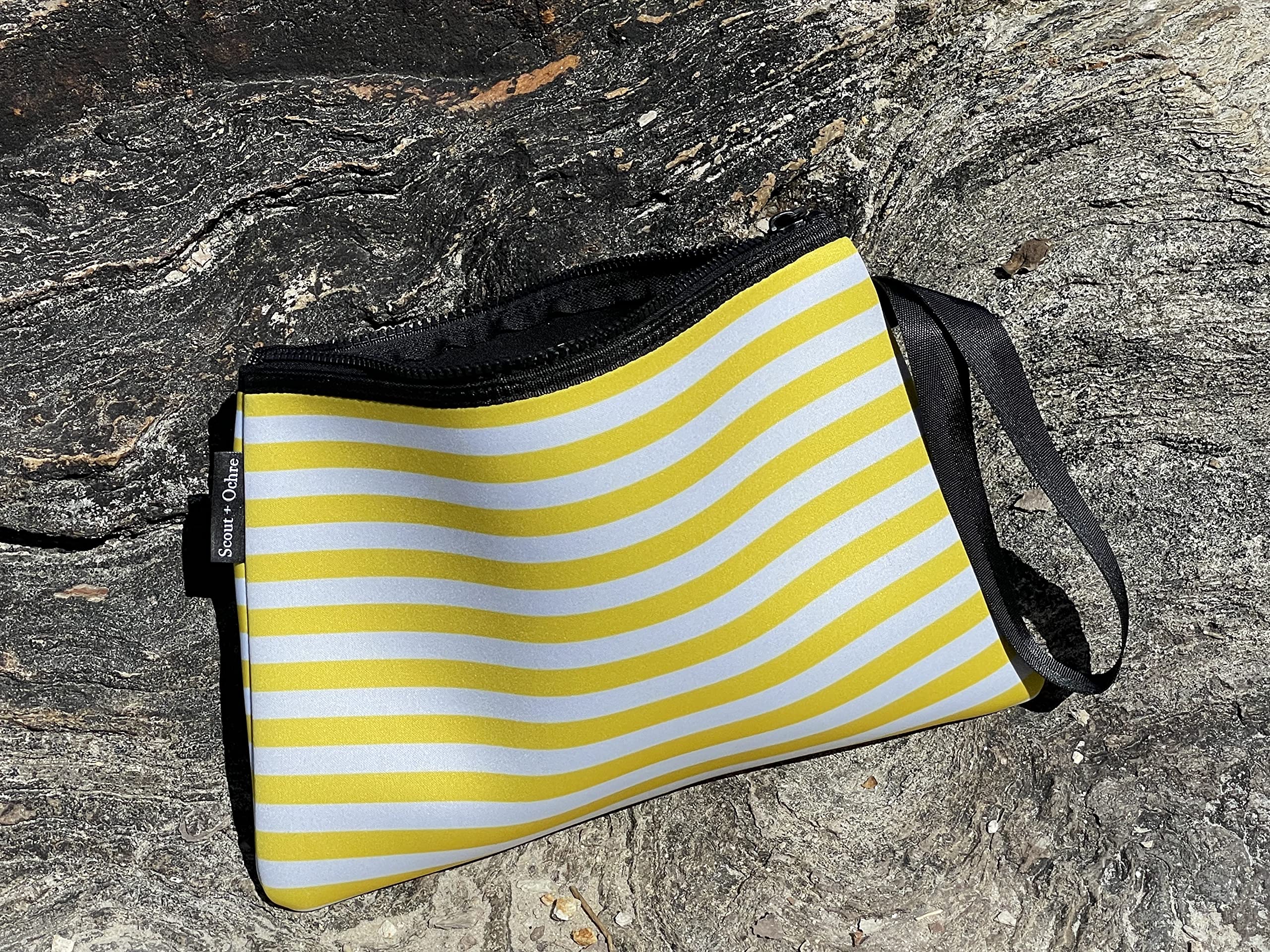 Scout + Ochre Neoprene Swimsuit Bag Pouch with Zipper - Waterproof Wet Bag for Swimwear, Diapers, Cosmetics, Travel Toiletries - great for Beach, Pool, Strollers, Gym - 11.5x8in (Yellow White Stripe)