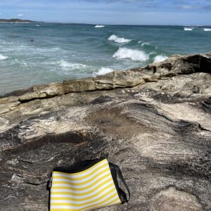 Scout + Ochre Neoprene Swimsuit Bag Pouch with Zipper - Waterproof Wet Bag for Swimwear, Diapers, Cosmetics, Travel Toiletries - great for Beach, Pool, Strollers, Gym - 11.5x8in (Yellow White Stripe)