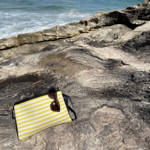 Scout + Ochre Neoprene Swimsuit Bag Pouch with Zipper - Waterproof Wet Bag for Swimwear, Diapers, Cosmetics, Travel Toiletries - great for Beach, Pool, Strollers, Gym - 11.5x8in (Yellow White Stripe)