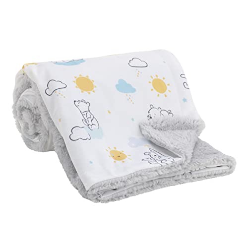 Disney Winnie The Pooh White, Yellow, and Aqua Sunshine and Clouds Super Soft Velboa with Sherpa Back Baby Blanket