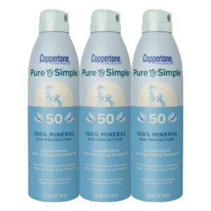 coppertone pure and simple spray sunscreen, spf 50 broad spectrum sunscreen with zinc oxide, 5 ounce (pack of 3)