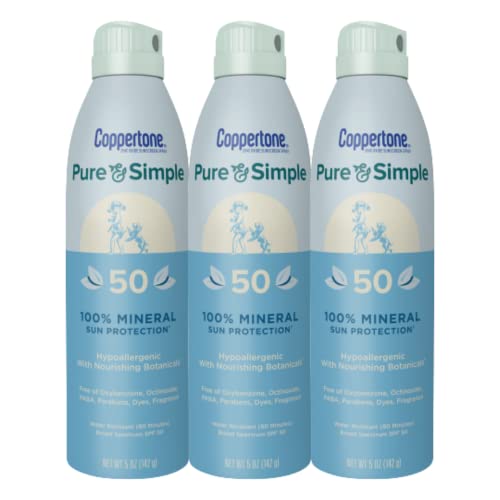 Coppertone Pure and Simple Spray Sunscreen, SPF 50 Broad Spectrum Sunscreen with Zinc Oxide, 5 Ounce (Pack of 3)