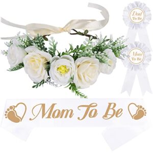 verymerrymakering baby shower decoration for mom to be and dad to be, white flowers style tiara + white & blue sash + white & blue dad to be pin, maternity gift for her and him