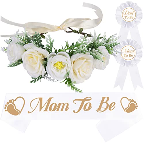 VeryMerryMakering Baby Shower Decoration for Mom To Be and Dad To Be, White Flowers style Tiara + White & Blue Sash + White & Blue Dad to be pin, Maternity Gift for Her and Him