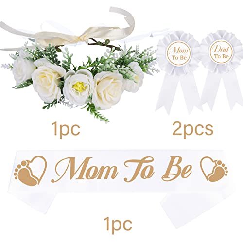 VeryMerryMakering Baby Shower Decoration for Mom To Be and Dad To Be, White Flowers style Tiara + White & Blue Sash + White & Blue Dad to be pin, Maternity Gift for Her and Him