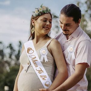 VeryMerryMakering Baby Shower Decoration for Mom To Be and Dad To Be, White Flowers style Tiara + White & Blue Sash + White & Blue Dad to be pin, Maternity Gift for Her and Him