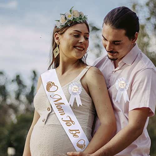 VeryMerryMakering Baby Shower Decoration for Mom To Be and Dad To Be, White Flowers style Tiara + White & Blue Sash + White & Blue Dad to be pin, Maternity Gift for Her and Him