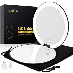 led lighted travel makeup mirror, rechargeable large 5" 1x/10x magnifying- medical grade led, 3 colors settings & brightness adjustable- portable, touch screen compact mirror w/brighter light (black)