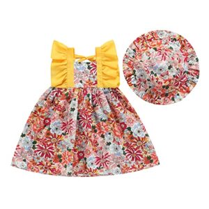 toddler infant girl flower dress + sun hat 2pcs summer boho floral ruffle sleeve tutu dresses baby clothes set (12-18 months, yellow)