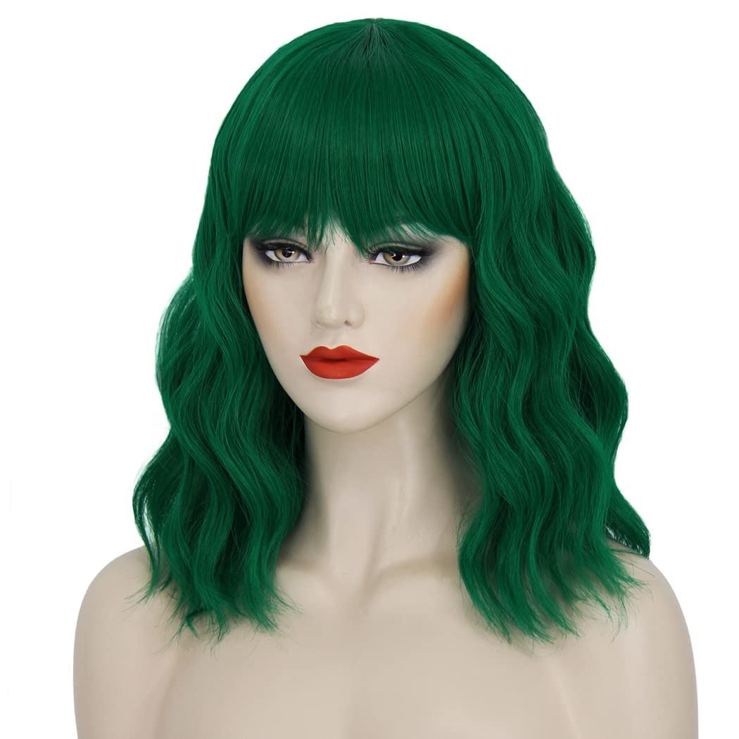 Juziviee Green Wigs for Women 14" Short Green Wig with Bangs Curly Wavy Synthetic Soft Hair Wigs for St Patrick's Day Party JZ001GR