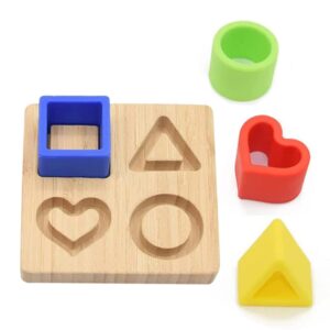 my little nugget silicone (heart) puzzle shape toy with a bamboo base, stacking blocks, safe teething & squeezing play, bpa free, developmental and educational toy for kids,