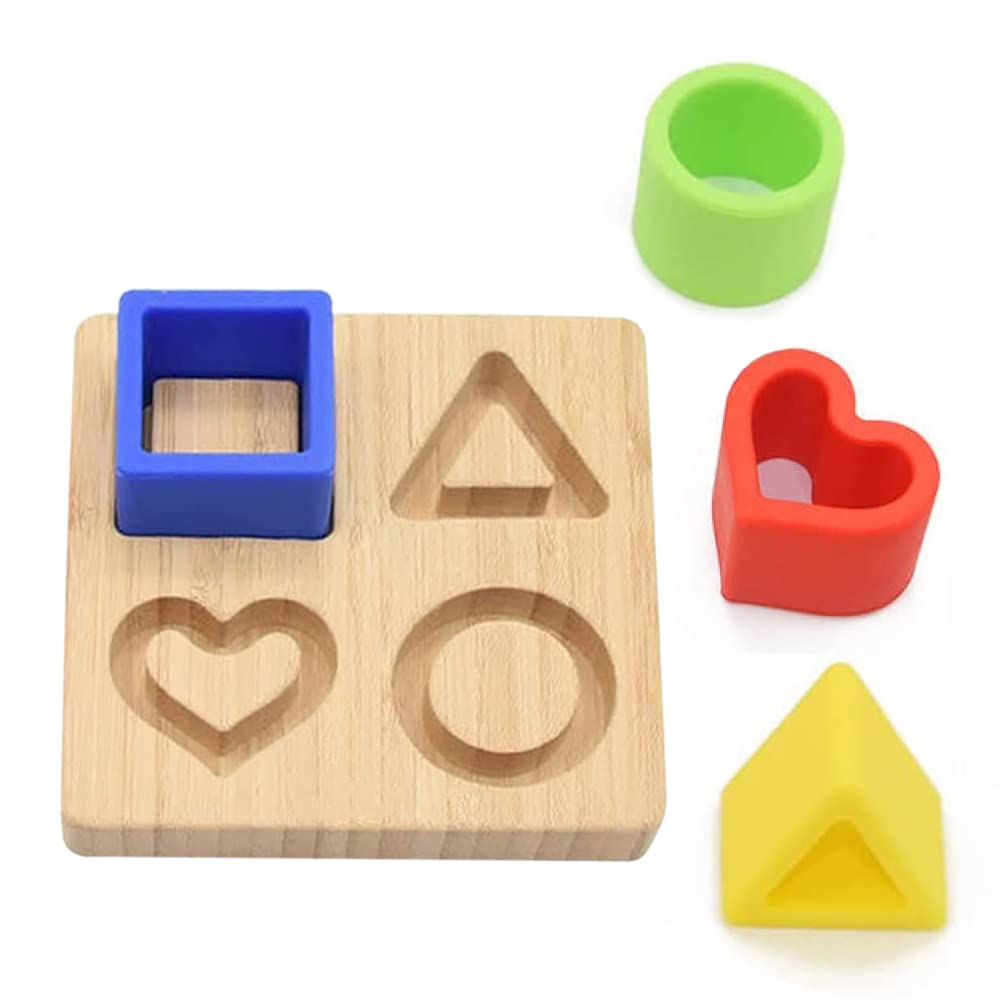 My Little Nugget Silicone (Heart) Puzzle Shape Toy with a Bamboo Base, Stacking Blocks, Safe Teething & Squeezing Play, BPA Free, Developmental and Educational Toy for Kids,