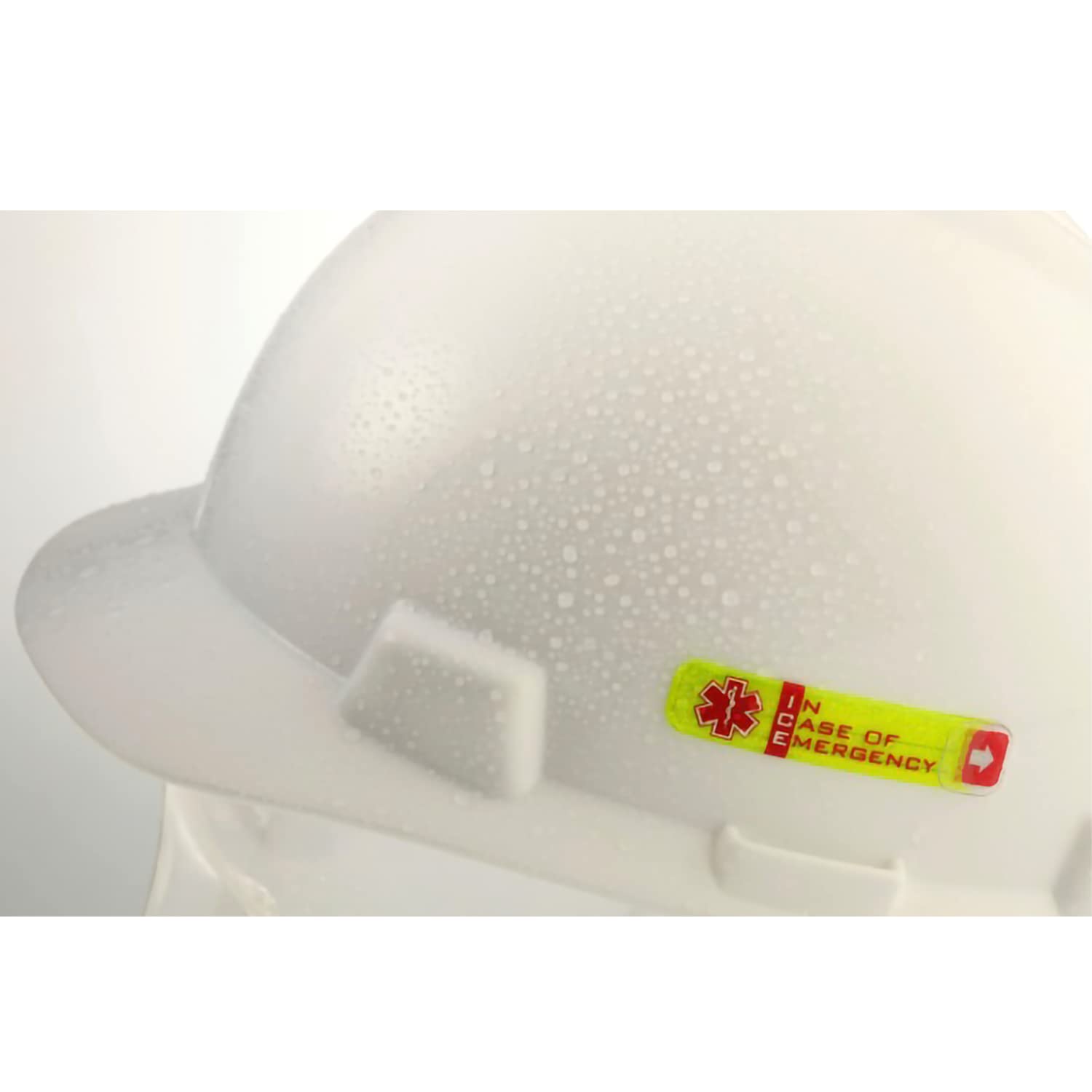 SmartSign (Pack of 5) 0.5 x 2.75 inch “in Case of Emergency” Worker ID Hard Hat Reflective Sticker, 30 mil Non-Conductive Vinyl with Acrylic Adhesive, Fluorescent Lime-Yellow & Red, Made in USA