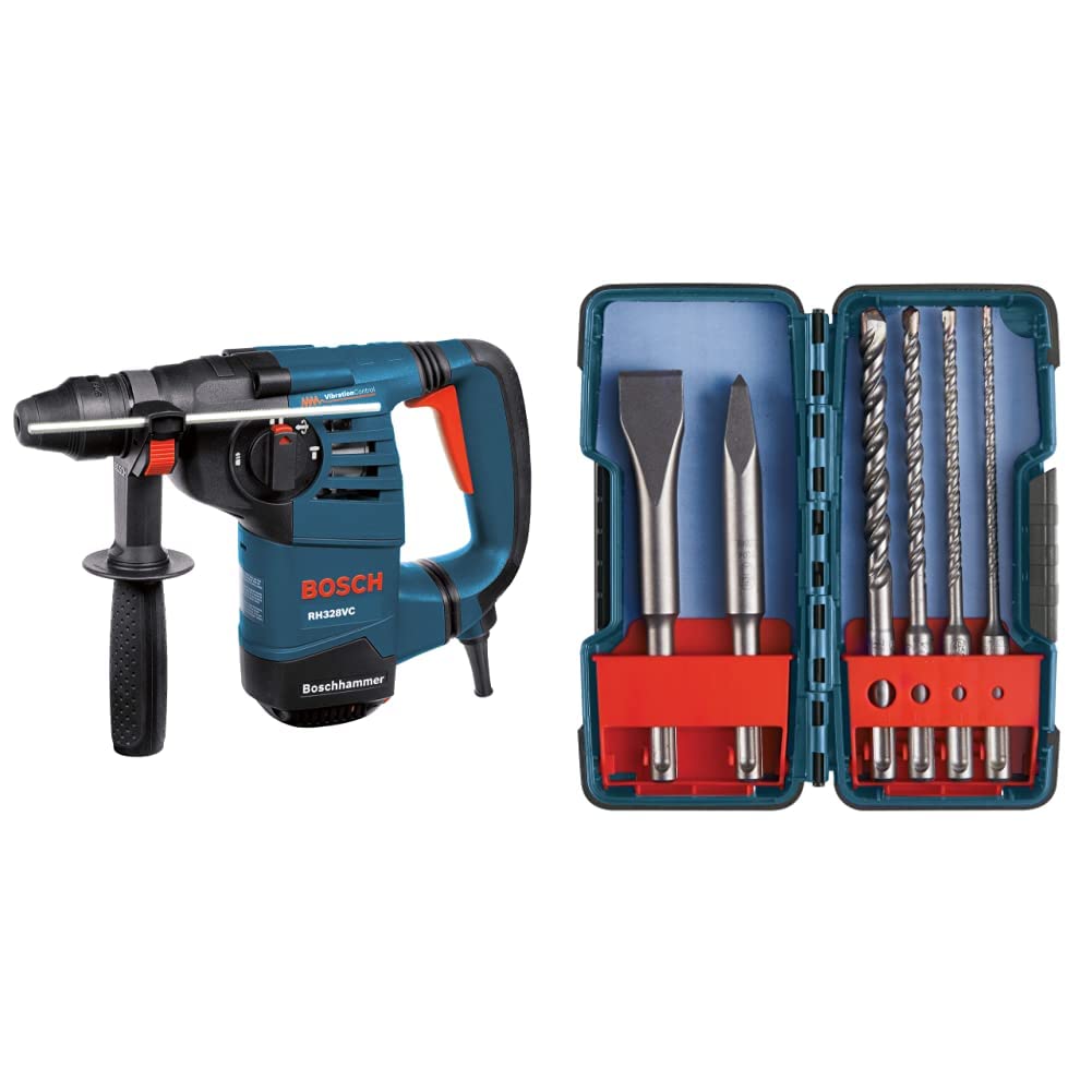 BOSCH 1-1/8-Inch SDS Rotary Hammer RH328VC with Vibration Control, Bosch BluewithBOSCH 6 Piece SDS-plus Masonry Trade Bit Set, Chisels and Carbide, HCST006