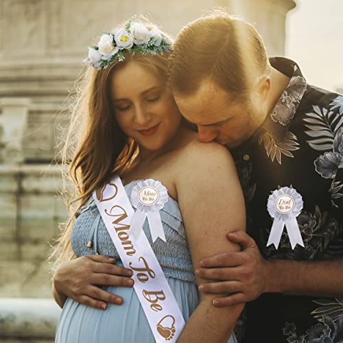 VeryMerryMakering Baby Shower Decoration for Mom To Be and Dad To Be, White Flowers style Tiara + White & Blue Sash + White & Blue Dad to be pin, Maternity Gift for Her and Him