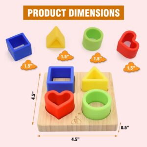 My Little Nugget Silicone (Heart) Puzzle Shape Toy with a Bamboo Base, Stacking Blocks, Safe Teething & Squeezing Play, BPA Free, Developmental and Educational Toy for Kids,