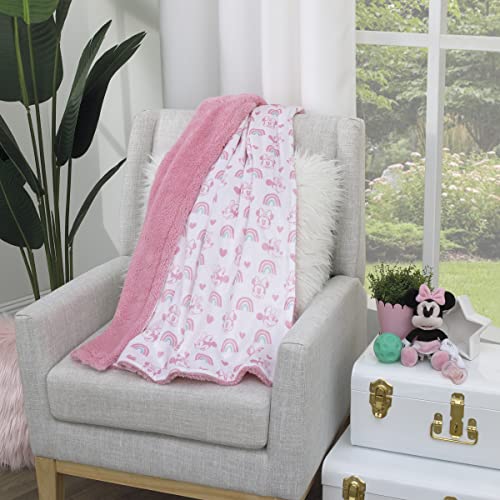 Disney Minnie Mouse White, Pink, and Aqua Rainbow and Hearts Super Soft Velboa with Sherpa Back Baby Blanket