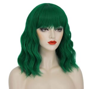 Juziviee Green Wigs for Women 14" Short Green Wig with Bangs Curly Wavy Synthetic Soft Hair Wigs for St Patrick's Day Party JZ001GR