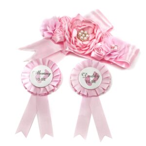 pink baby shower sash and pin, maternity sash and mommy daddy corsage set girl, pearls flowers pregnant sash belt, mom and dad to be badge tinplate for gender reveal party