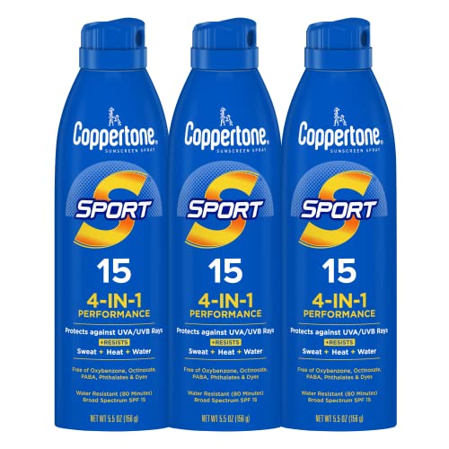 Coppertone Sport Sunscreen Spray, Broad Spectrum SPF 15 Water Resistant Spray Sunscreen, 5.5 Oz, Pack of 3