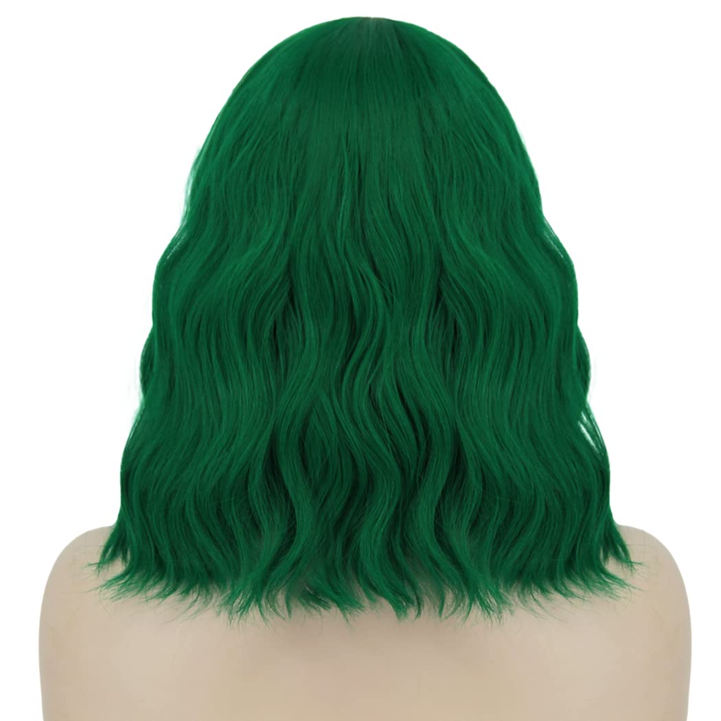 Juziviee Green Wigs for Women 14" Short Green Wig with Bangs Curly Wavy Synthetic Soft Hair Wigs for St Patrick's Day Party JZ001GR