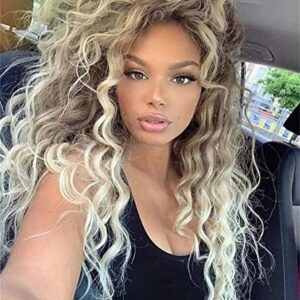 Fencca Ash Blonde Long Curly Wigs for Women Ombre Color Heat Synthetic Curly Wig Mix Blonde Curly Wavy Wig Layered Natural Daily Party Wig