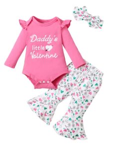 detigee baby girls valentine's day outfit baby daddy's little valentine bodysuit(pink-bell-bottom,3-6 months)