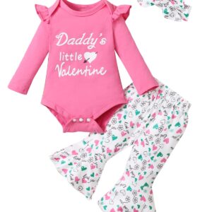 Detigee Baby Girls Valentine's Day Outfit Baby Daddy's Little Valentine Bodysuit(Pink-Bell-Bottom,3-6 Months)