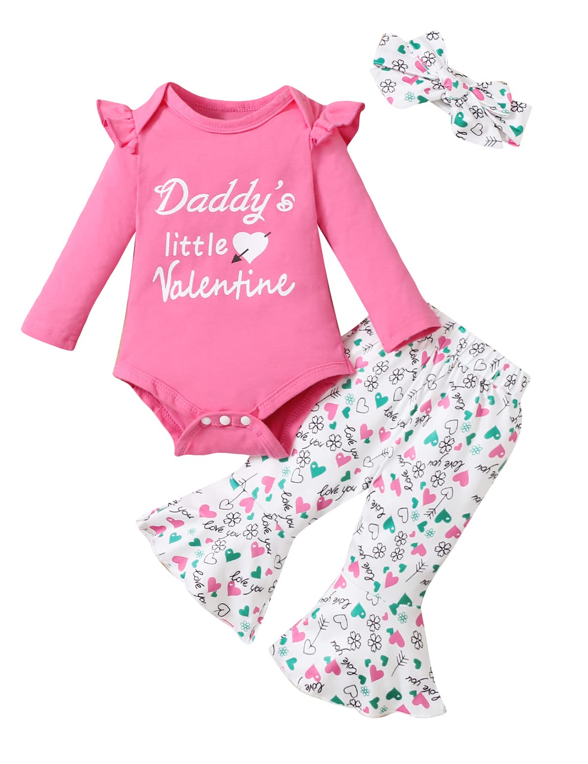 Detigee Baby Girls Valentine's Day Outfit Baby Daddy's Little Valentine Bodysuit(Pink-Bell-Bottom,3-6 Months)